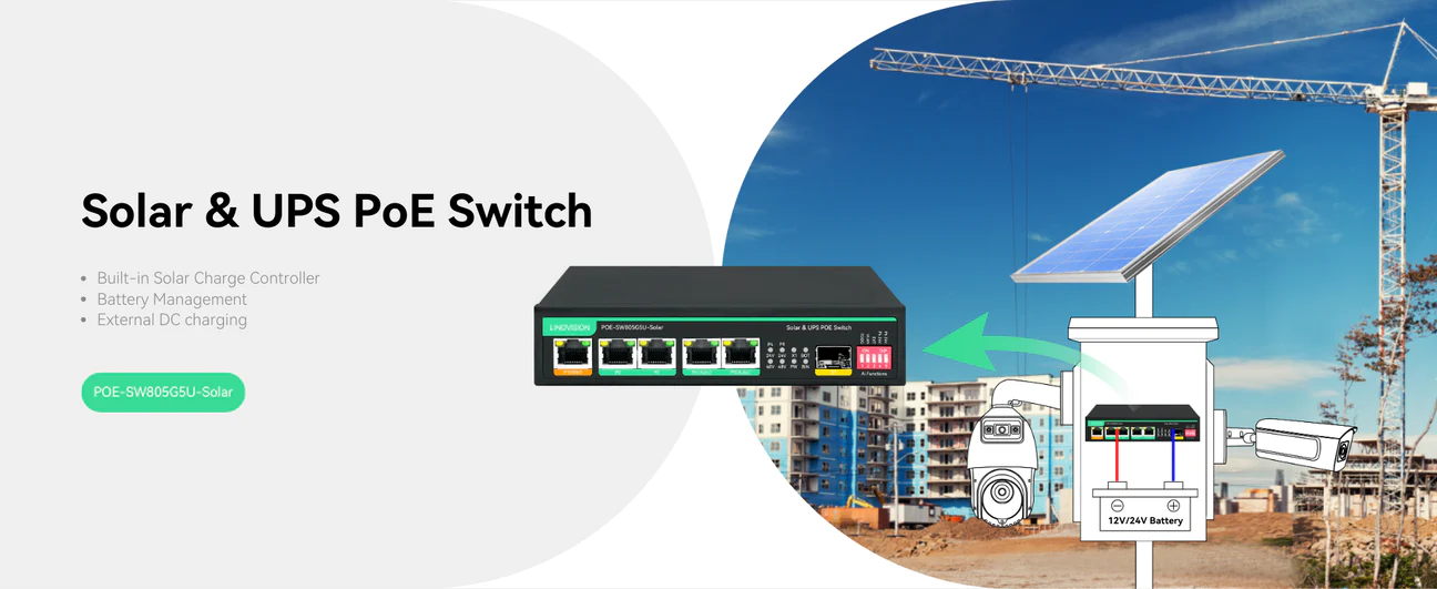 5 Ports UPS and Solar PoE Switch with built-in Solar Charge Controller ...