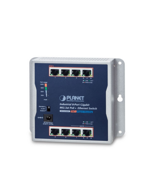 PLANET Industrial Wall-Mount FLAT Type 8-Port PoE+Switch, Total PoE Bu ...